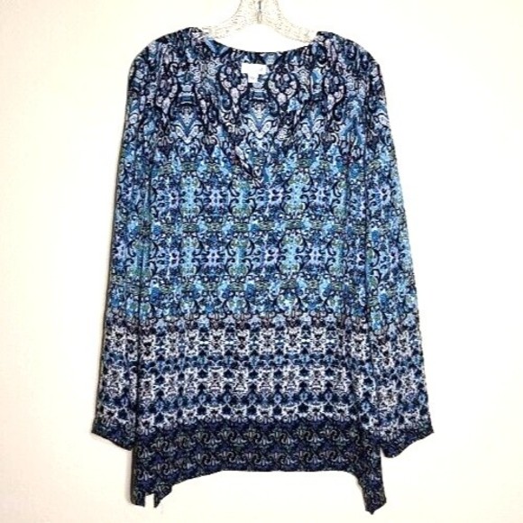 J. Jill | Tops | J Jill Top Size L Blue Black Mixed Print Split Neck Tunic Long Sleeve Side ...